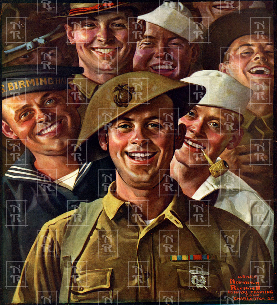 Are We Downhearted? / Group of Smiling Soldier's Faces - Norman Rockwell